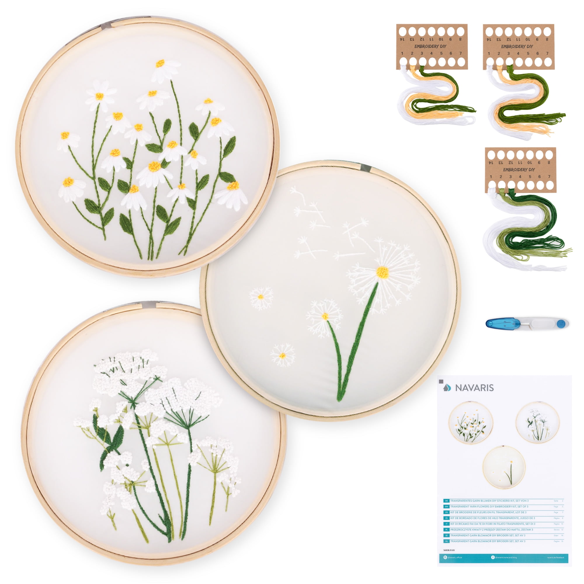 Navaris Flower Embroidery Kit Set (3 Kits) - Transparent Flowers ...