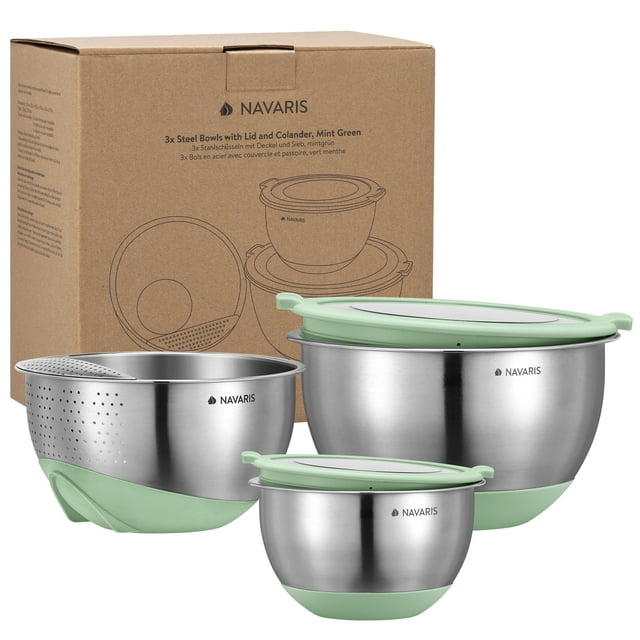Navaris Set of 3 Stainless Steel Bowls with Lids & Colander - Large ...