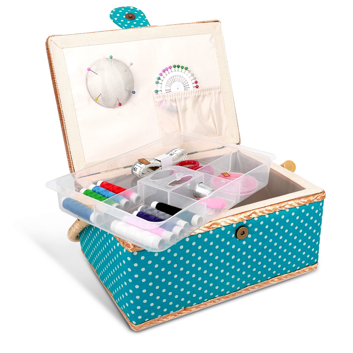Navaris Sewing Box with Accessories - Sew Basket with Organizer Tray ...