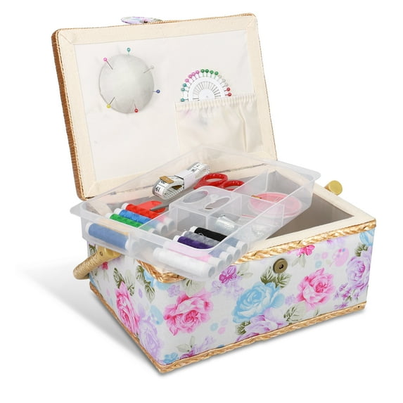 Navaris Sewing Box with Accessories - Sew Basket with Organizer Tray ...