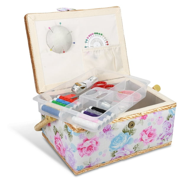 Navaris Sewing Box with Accessories - Sew Basket with Organizer Tray ...