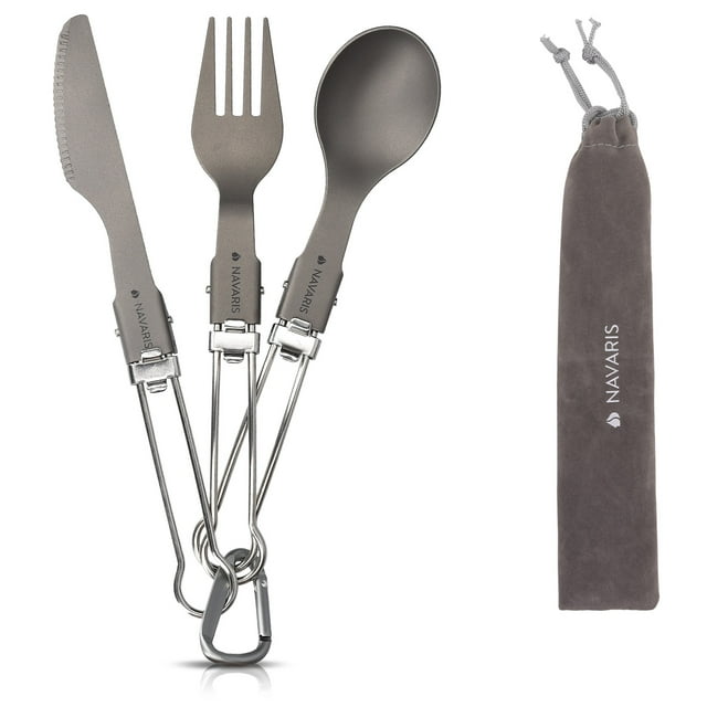 Navaris Titanium Folding Utensil Set - Fork Knife Spoon Foldable Metal ...