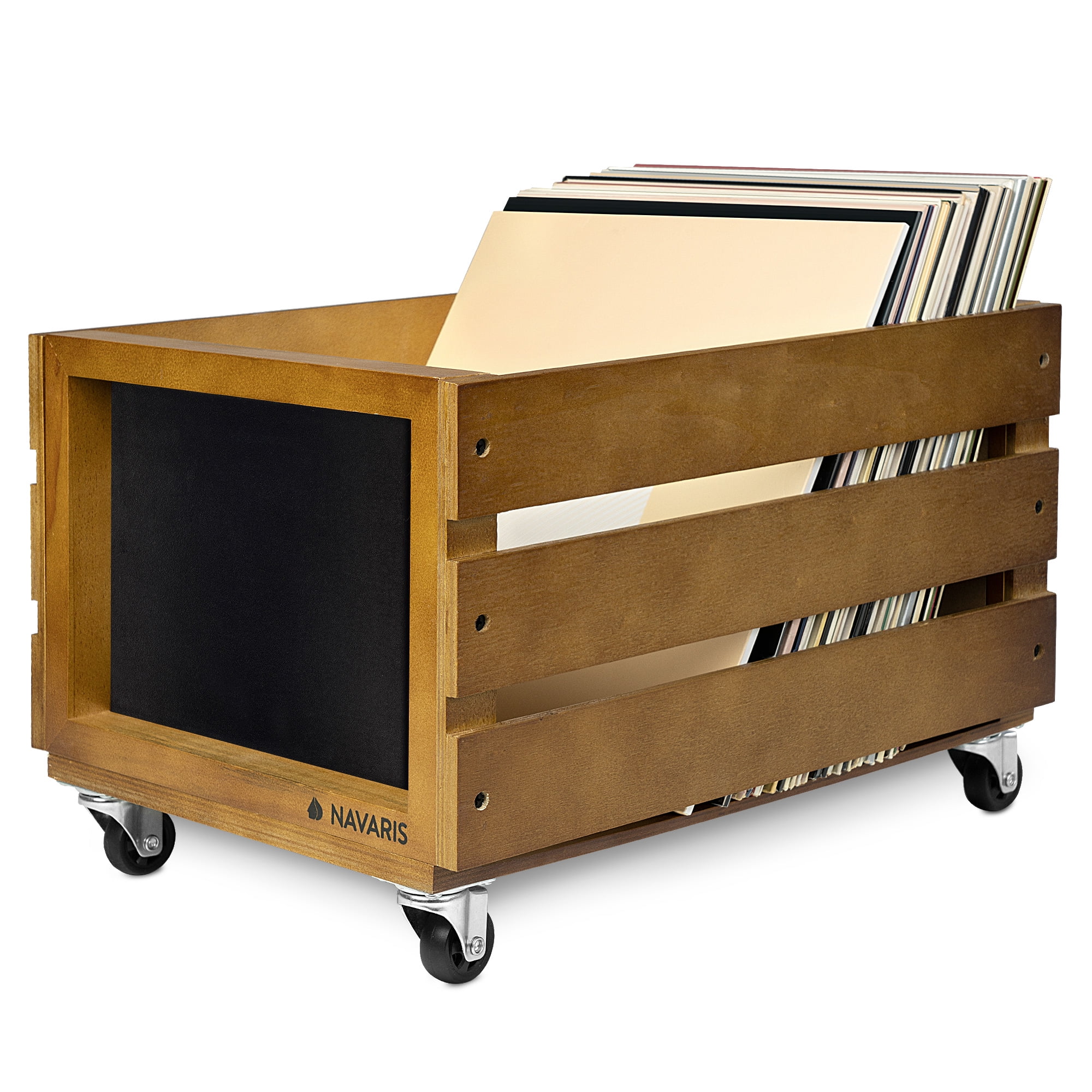 Navaris Vinyl Record Crate with Wheels - Wooden Album Storage Holder ...
