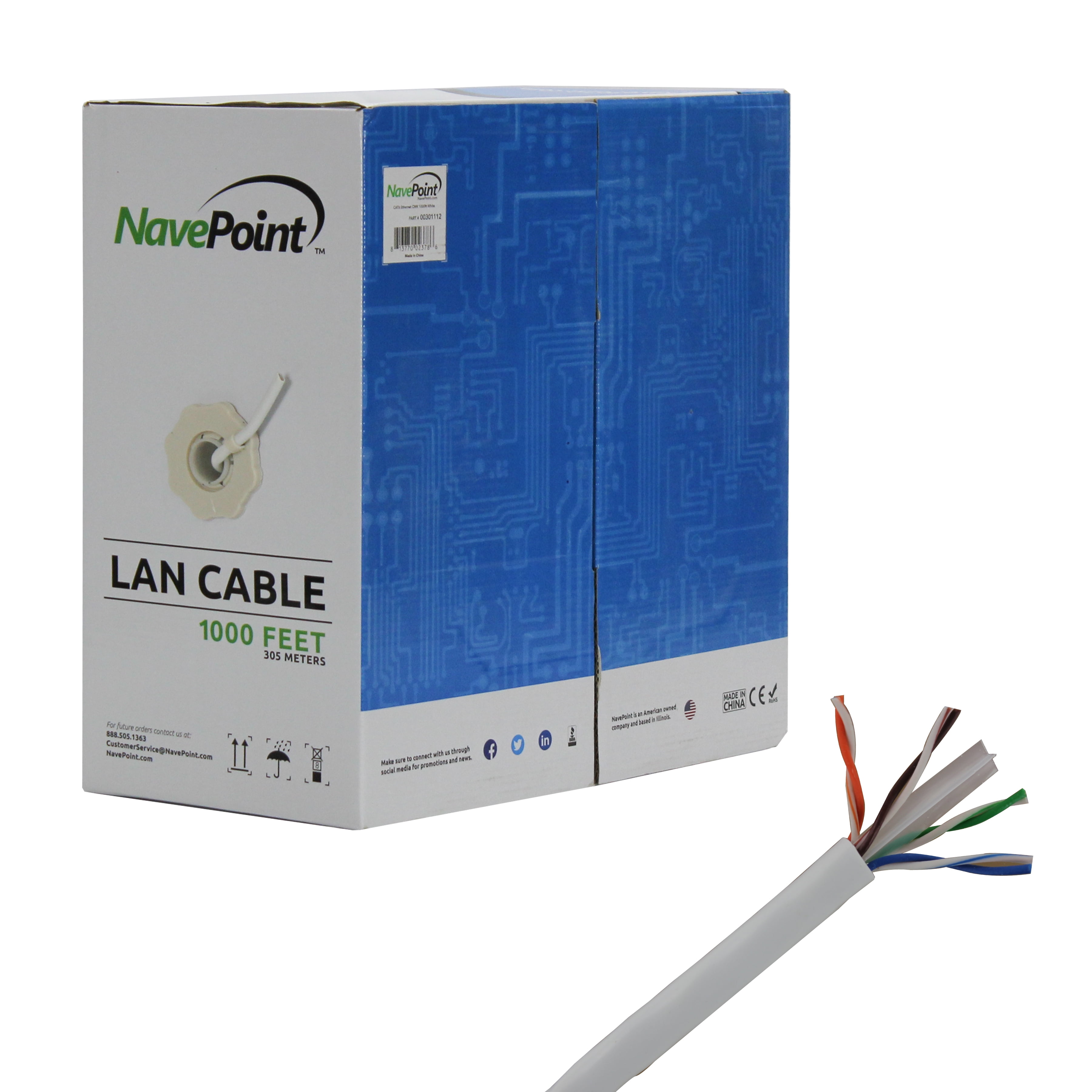 NavePoint Cat6 Riser (CMR), 1000ft, White, Solid Bare Copper Bulk ...