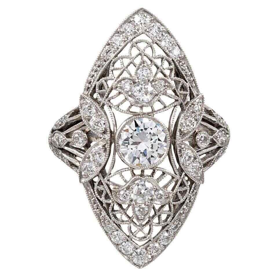 Navette Shape Art Deco Bezel Set Women's Engagement Ring, Filigree ...