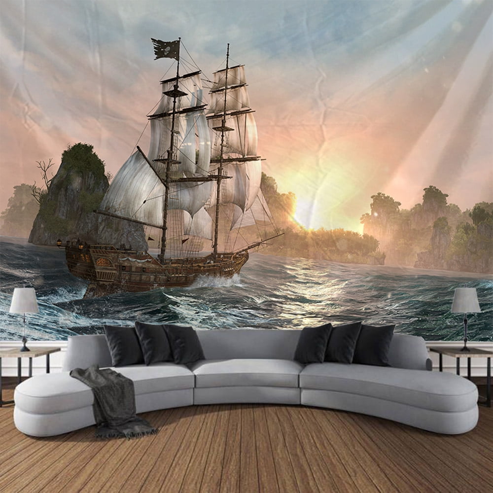Navigation Landscape Tapestry Retro Pirate Ship Art Wall Hanging ...