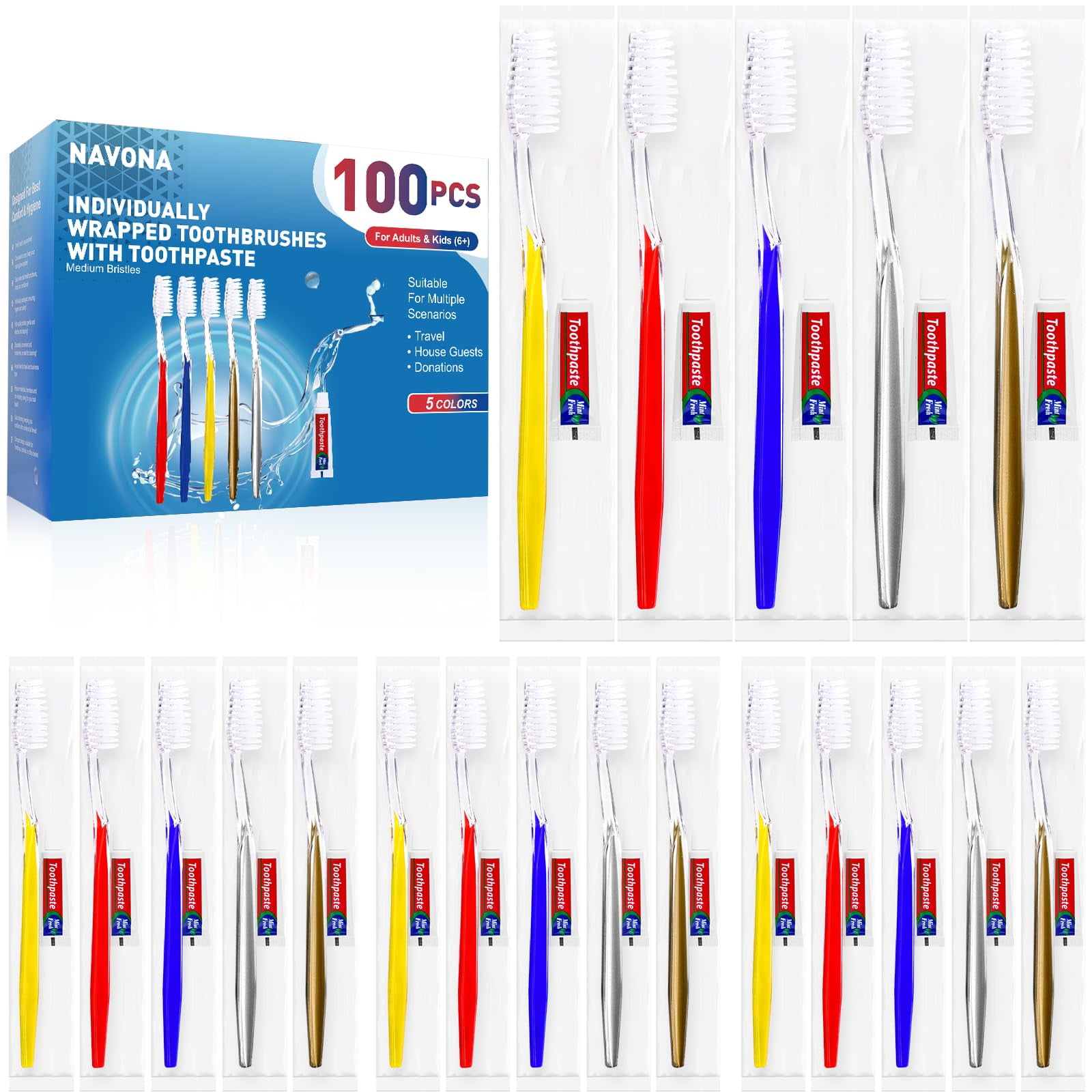 Navona 100 PCS Disposable RRF12 Toothbrush with Toothpaste Toothpaste ...