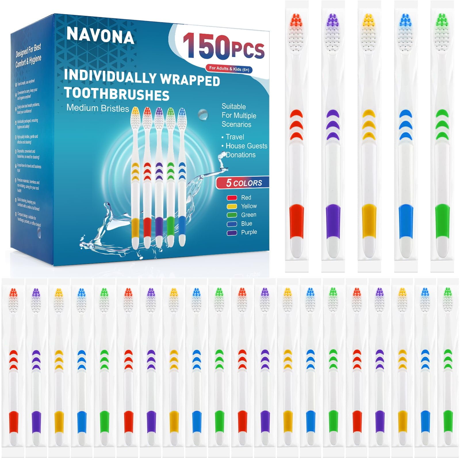 Navona 150 PCS Individually Wrapped Bulk Toothbrush Pack, Disposable ...