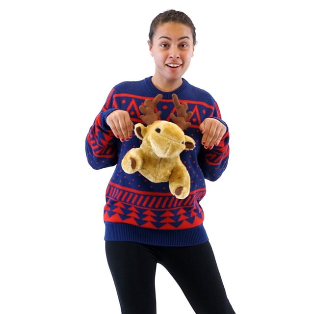 Navy 3D Reindeer Moose Ugly Christmas Sweater - Walmart.com