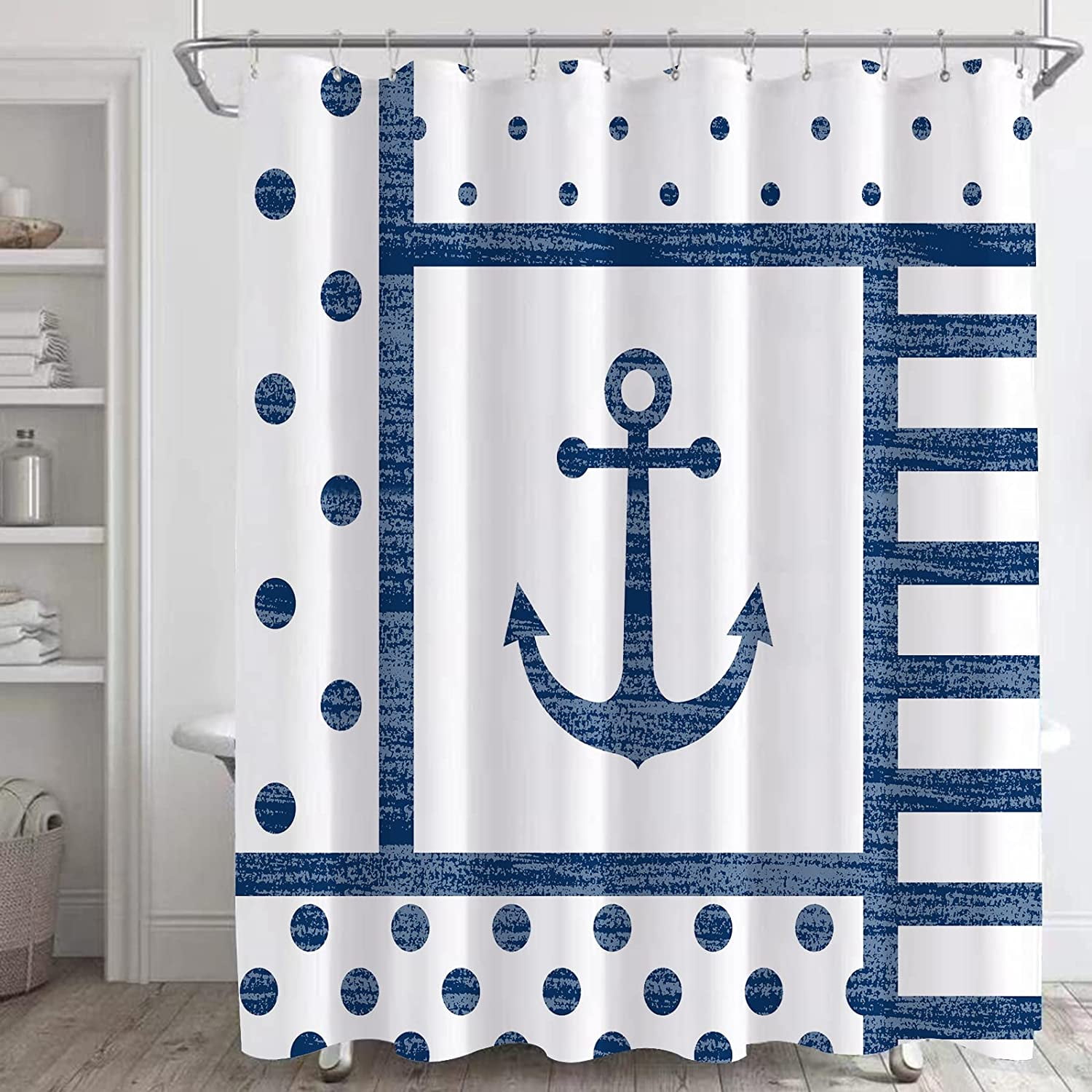Navy Anchor Shower Curtain,Blue and White Beach Nautical Shower ...