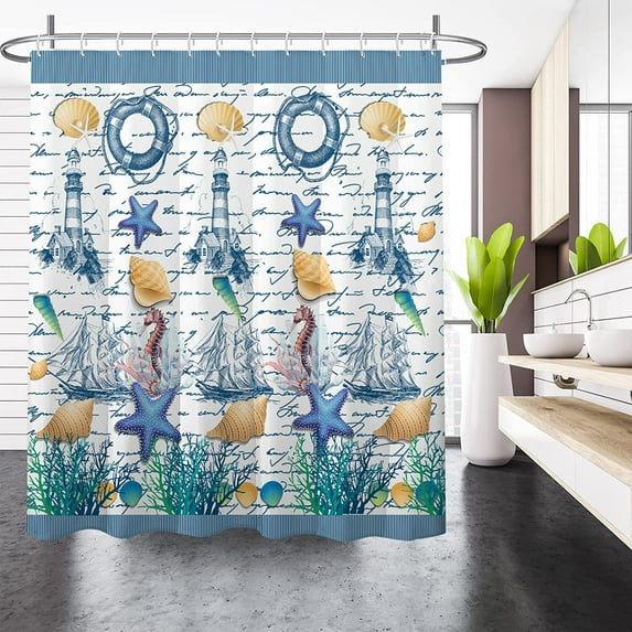 Navy Anchor Shower Curtain Sets for Bathroom, Blue White Striped Shower ...