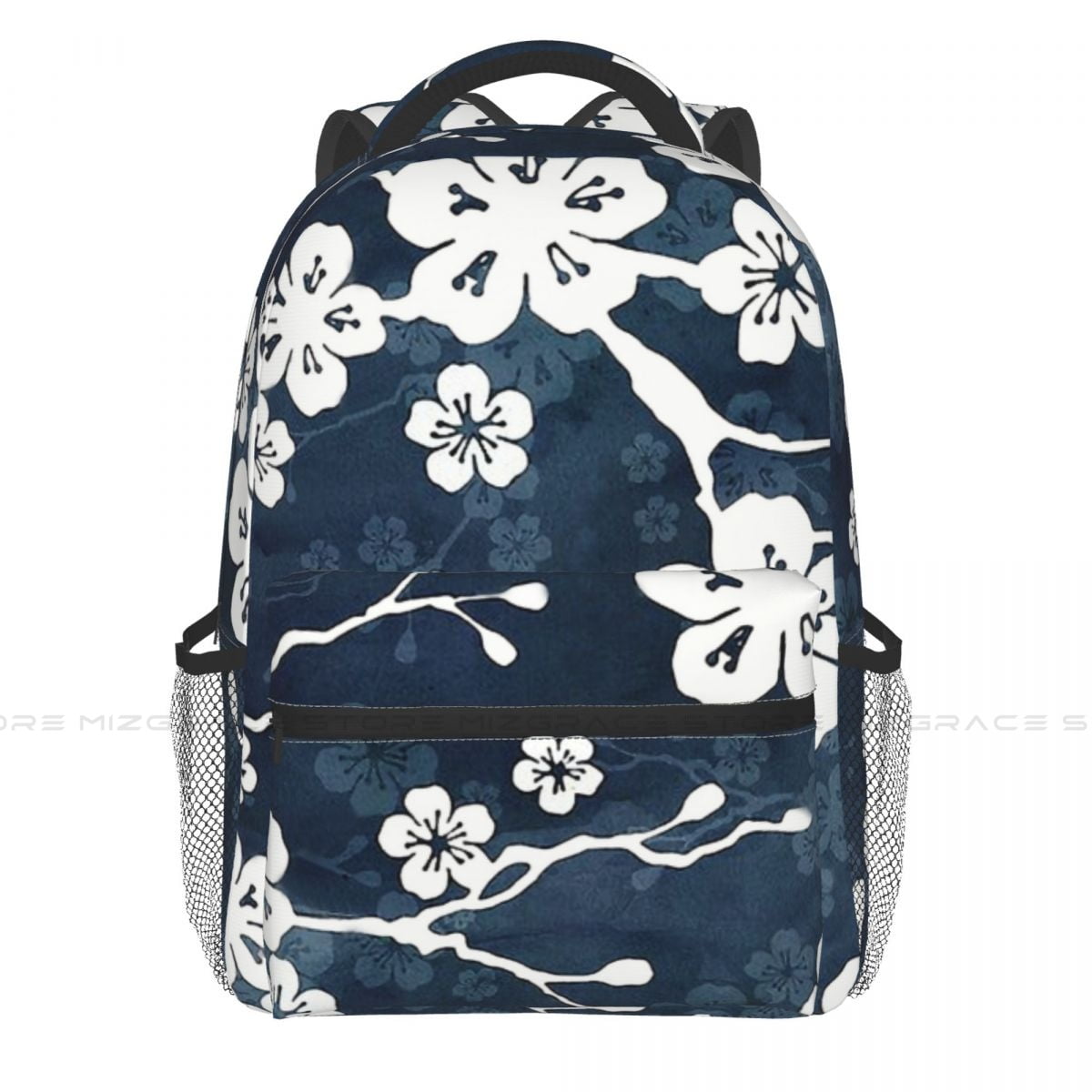 Navy And White Cherry Blossom Pattern Casual Knapsack for Men Women ...