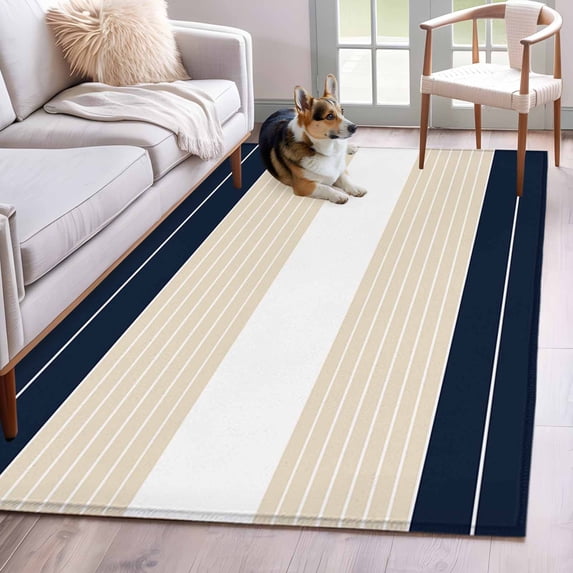 Navy Beige Striped Area Rug 3x5 FT, Non Slip Entryway Bedside Carpet ...