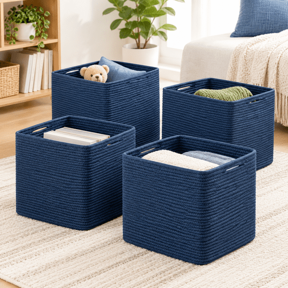 Navy Blue 11×11×11 Inches Cube Rope Woven Storage Organizer Basket ...