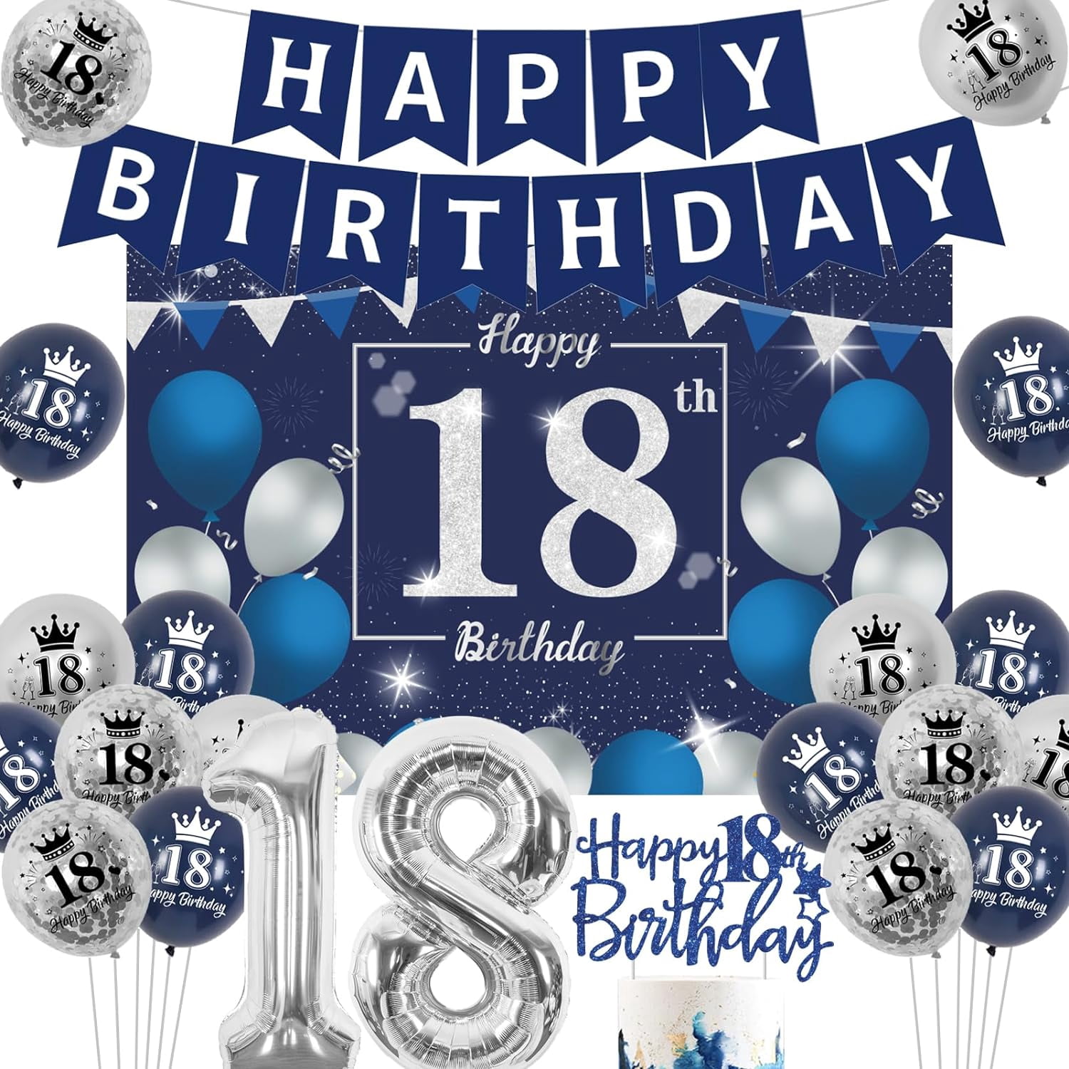 Navy Blue 18th Birthday Decorations for Boys Blue and Silver Happy 18th ...