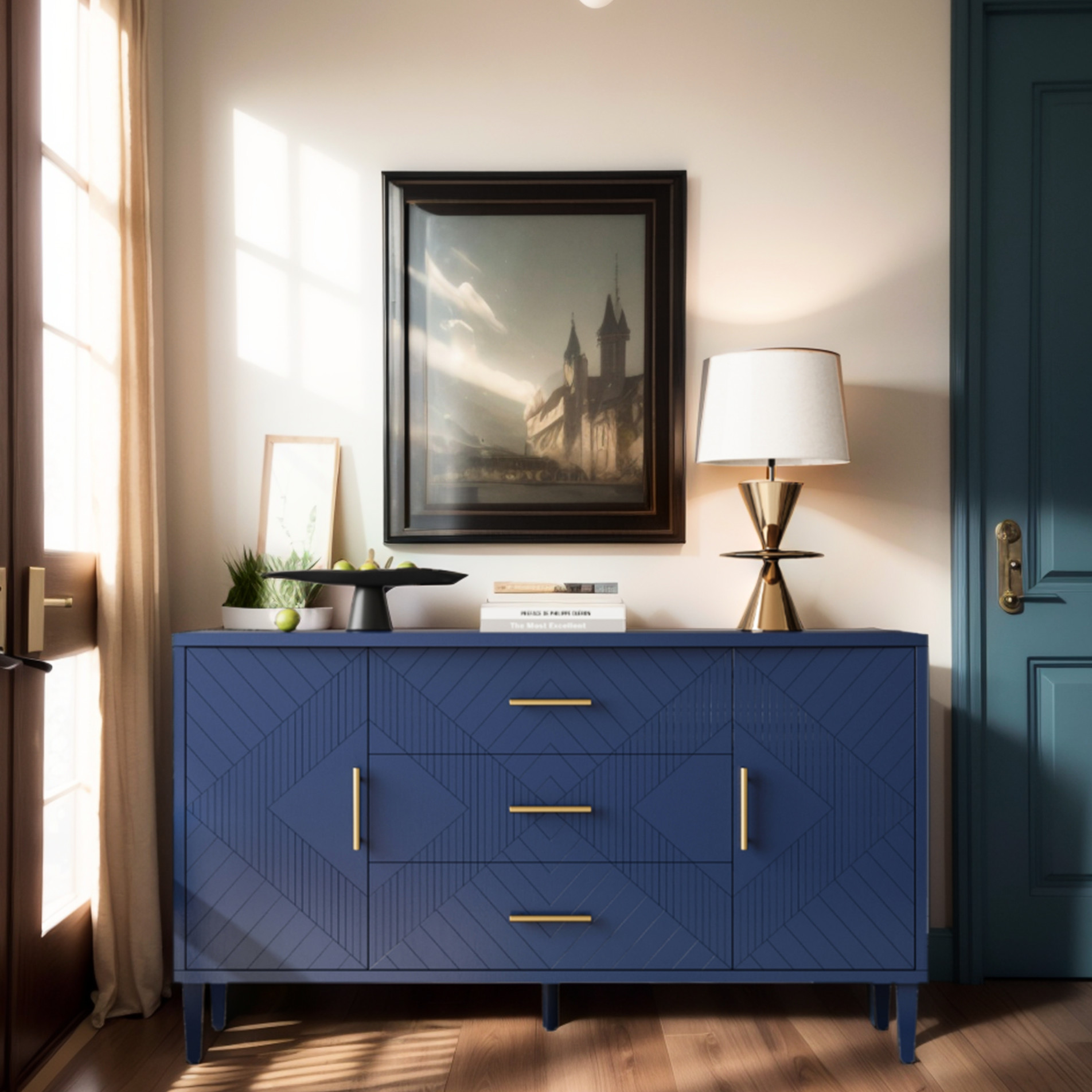 Navy Blue 2-door 3 Cabinet With Intricate Carving. For Bedroom, Living ...