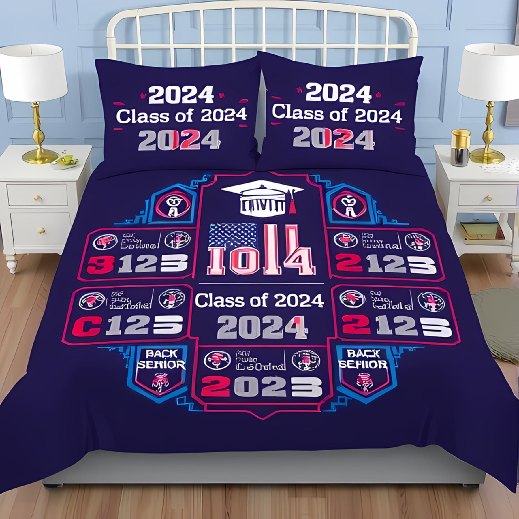 Navy Blue 3-Piece Duvet Cover Set - Class of 2024 Graduation Design ...