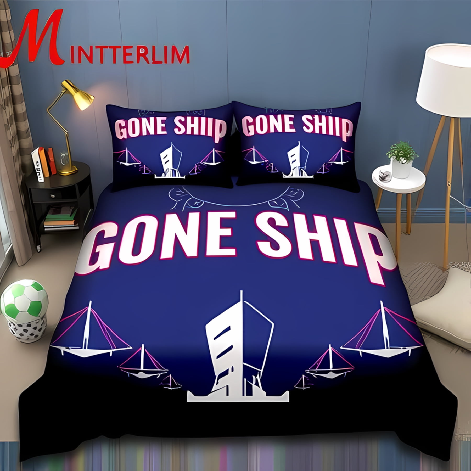 Navy Blue 3-Piece Duvet Cover Set with Bold 'GONE SHIP' Design White ...