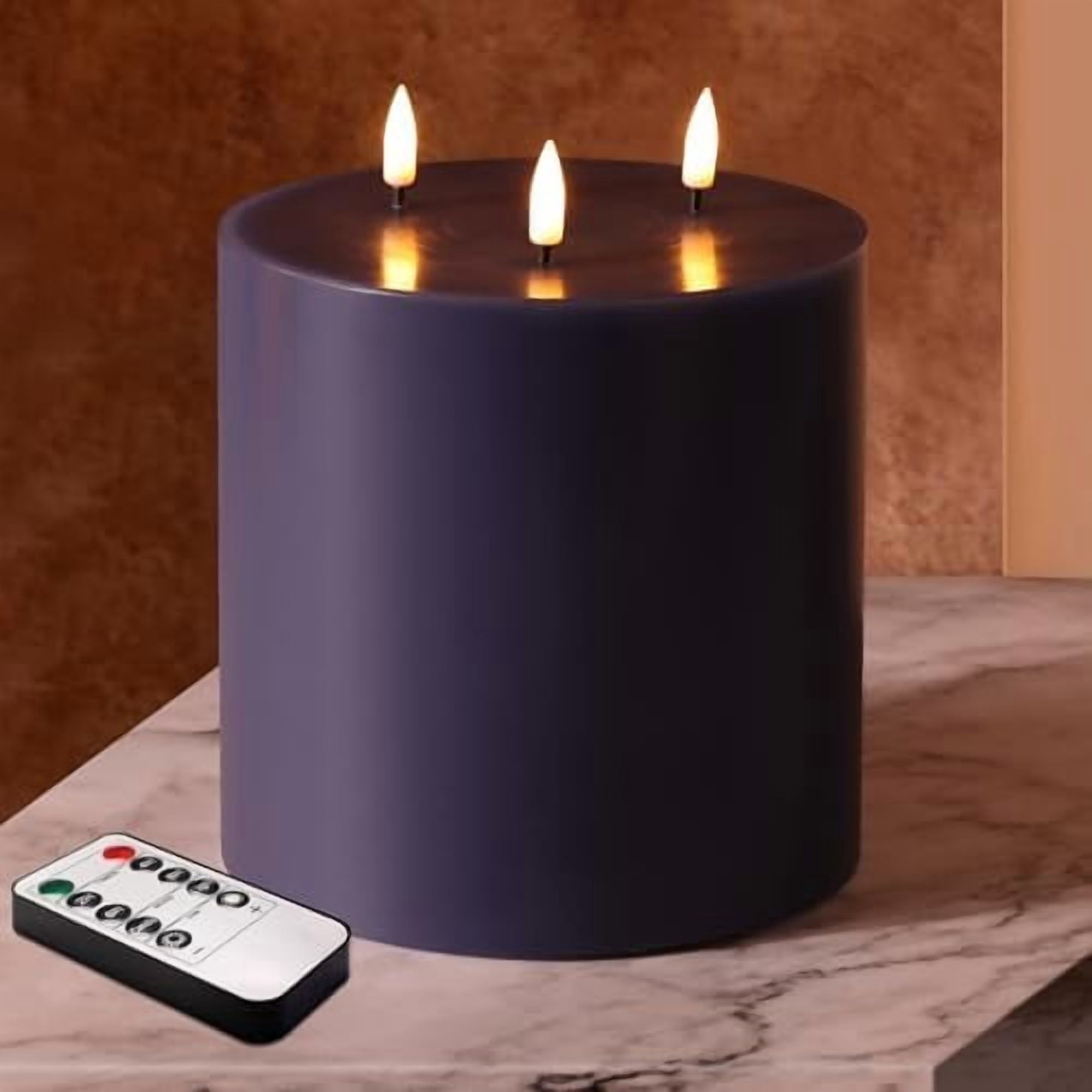 Navy Blue 3 Wick Flameless Candle with Remote, 6x6 inch Giant LED ...