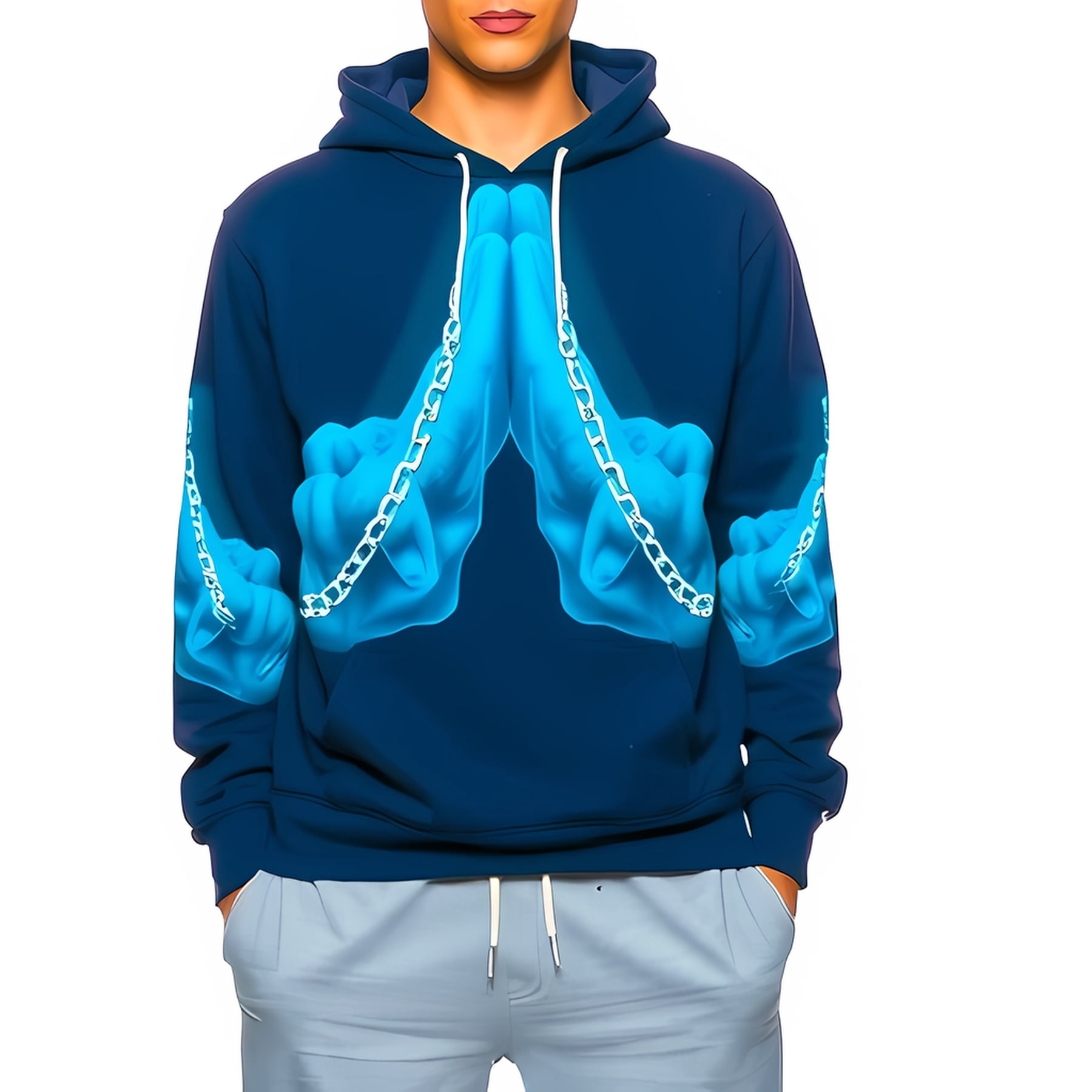 Navy Blue 3D Graphic Hoodie with Prayer Hands & Light Blue Chain-Link ...