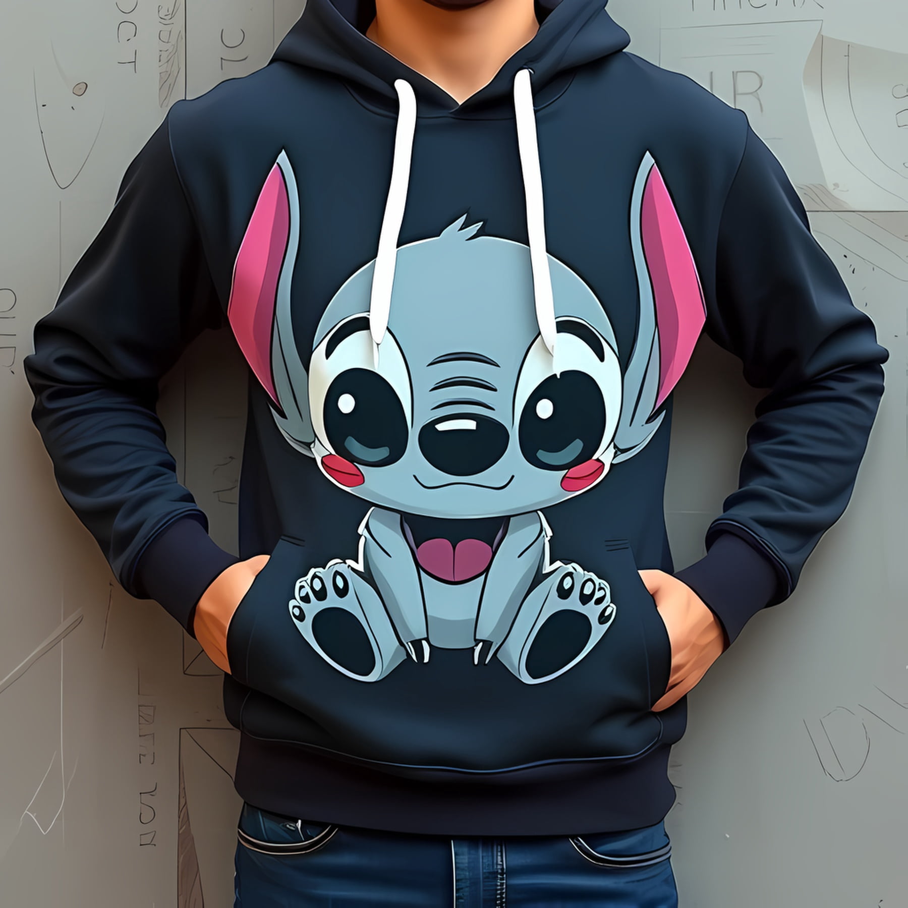 Navy Blue 3D Hoodie with Chibi Graphic Design - Cute Cartoon Character ...