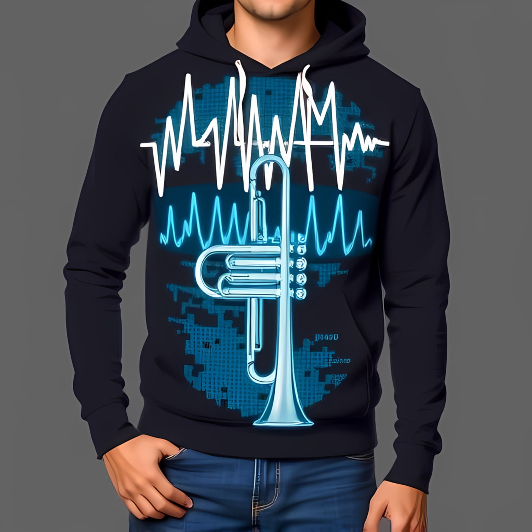 Navy Blue 3D Hoodie with Light-Blue Trumpet Design & Sound Waves ...