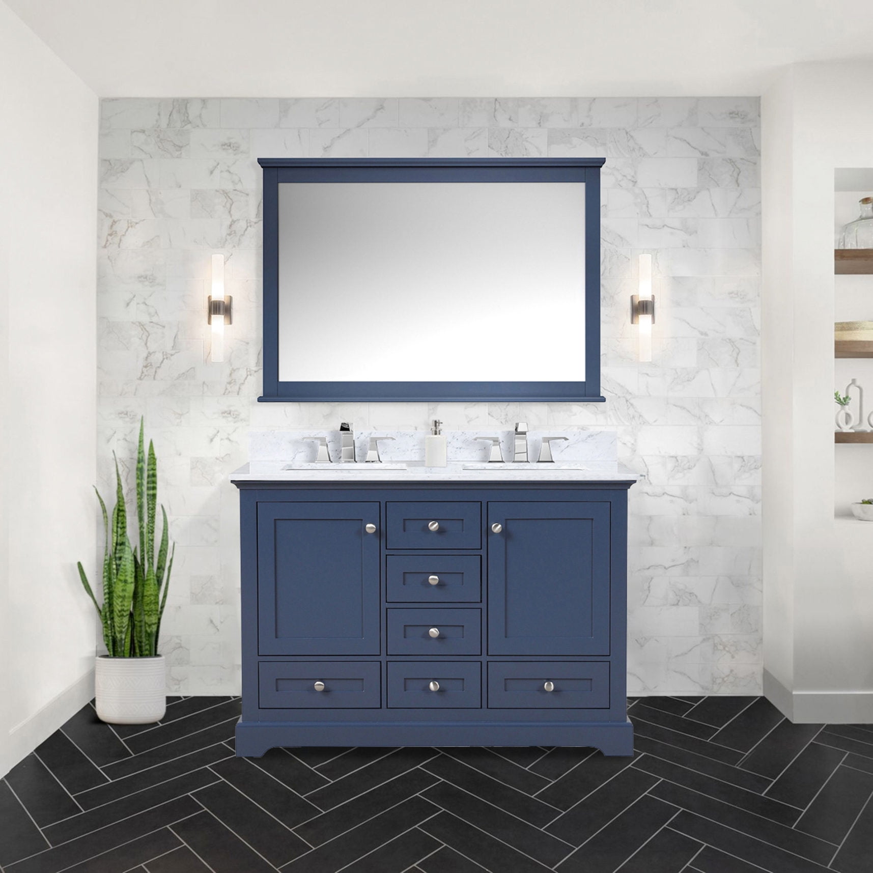 Navy Blue 48 in. Double Vanity with Marble Top and Faucet / Soft Close ...