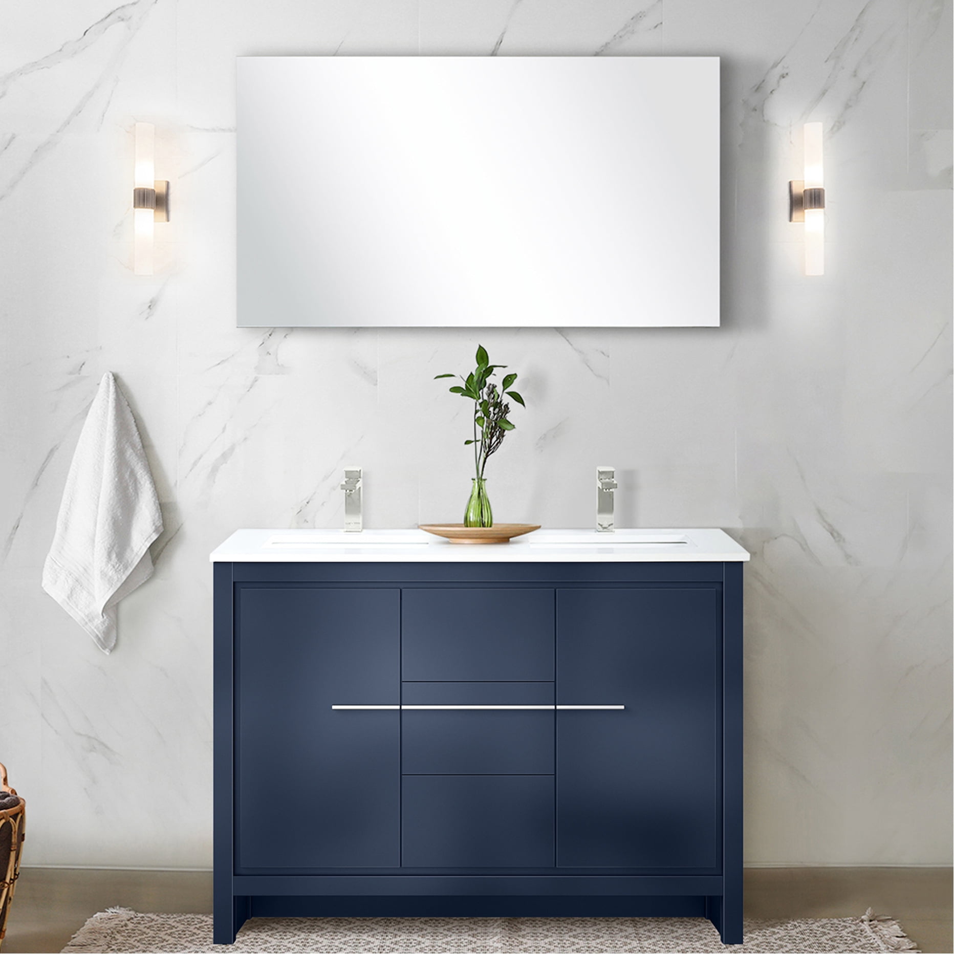 Navy Blue 48"x20" Double Bath Vanity With Marble Top, Brushed Nickel ...