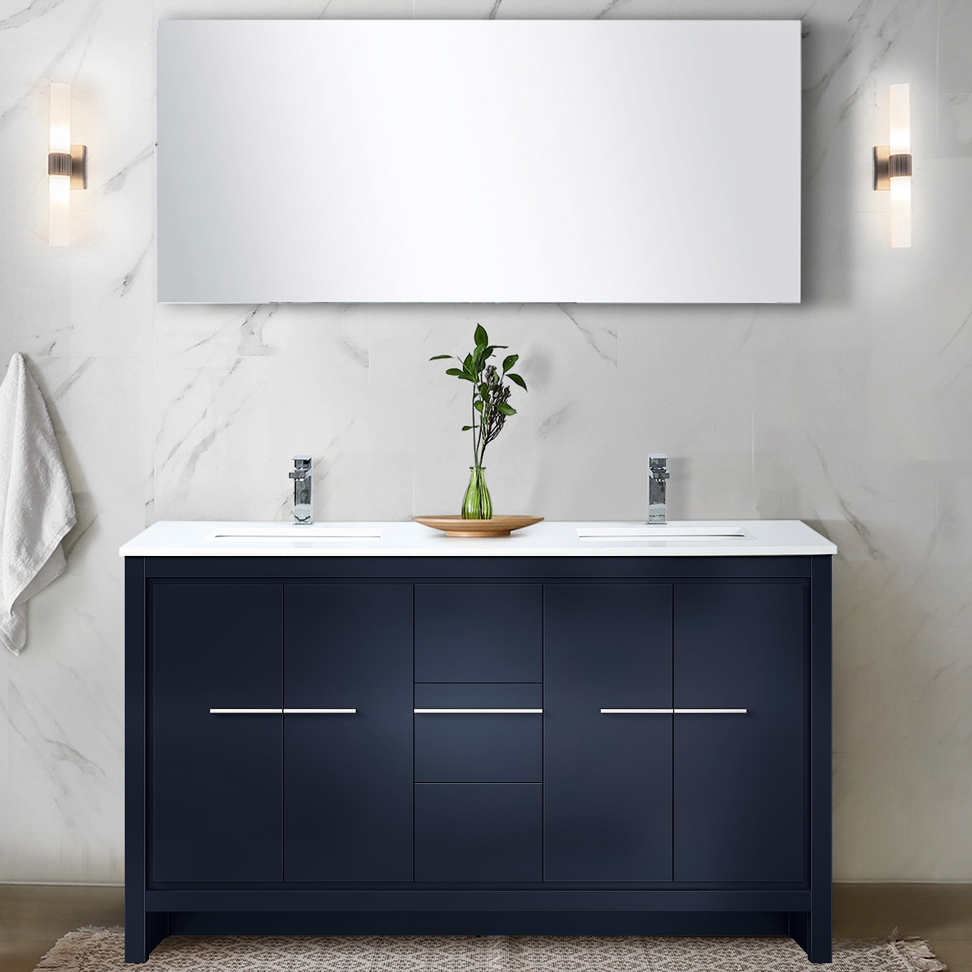 Navy Blue 60 In. Double Bath Vanity With White Quartz Countertop And ...
