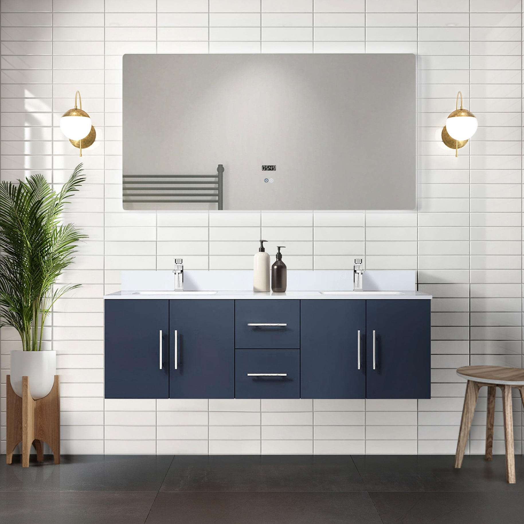 Navy Blue 60"x22" Double Bath Vanity - White Quartz Countertop, Solid ...