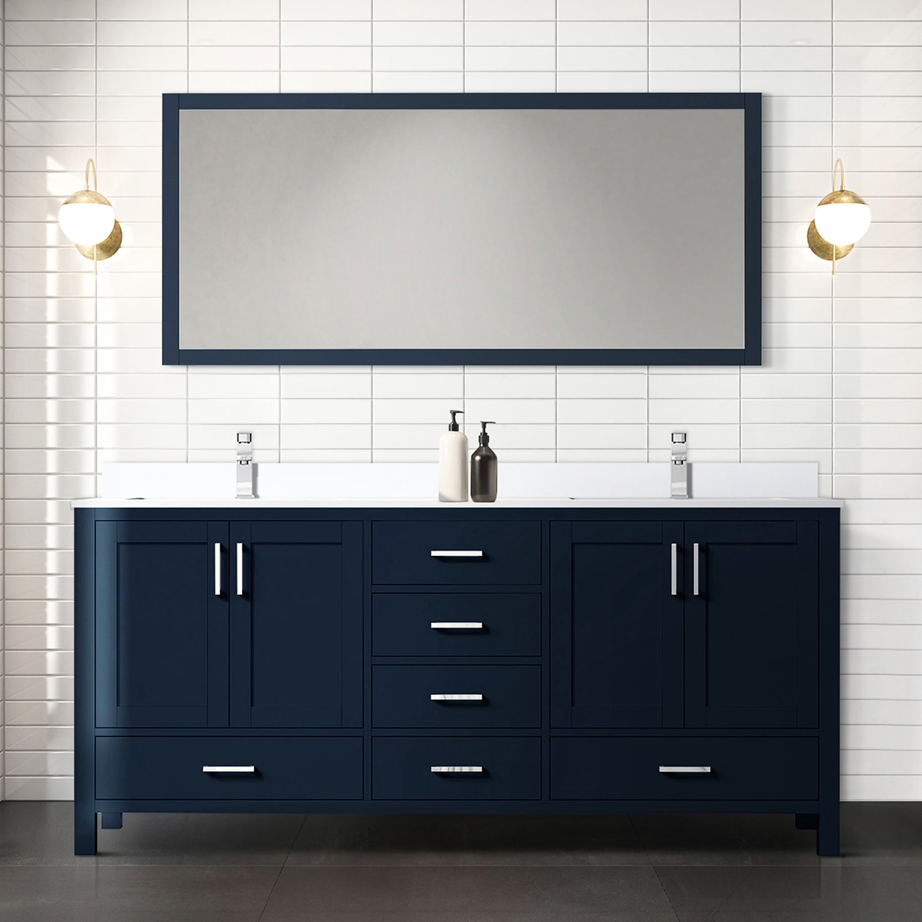 Navy Blue 72 In. X 22 Double Bath Vanity With White Quartz Surface And ...