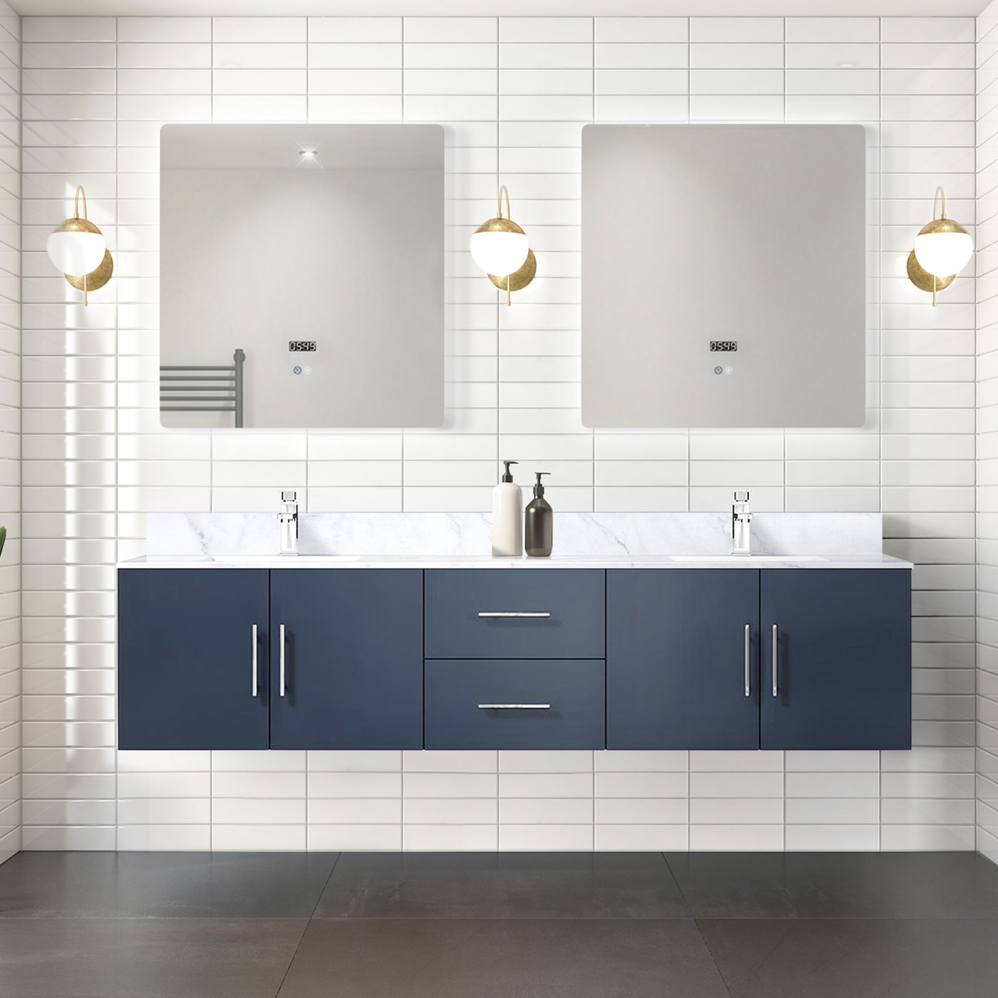 Navy Blue 80" Double Bath Vanity With Marble Top And Faucet - 22" D ...