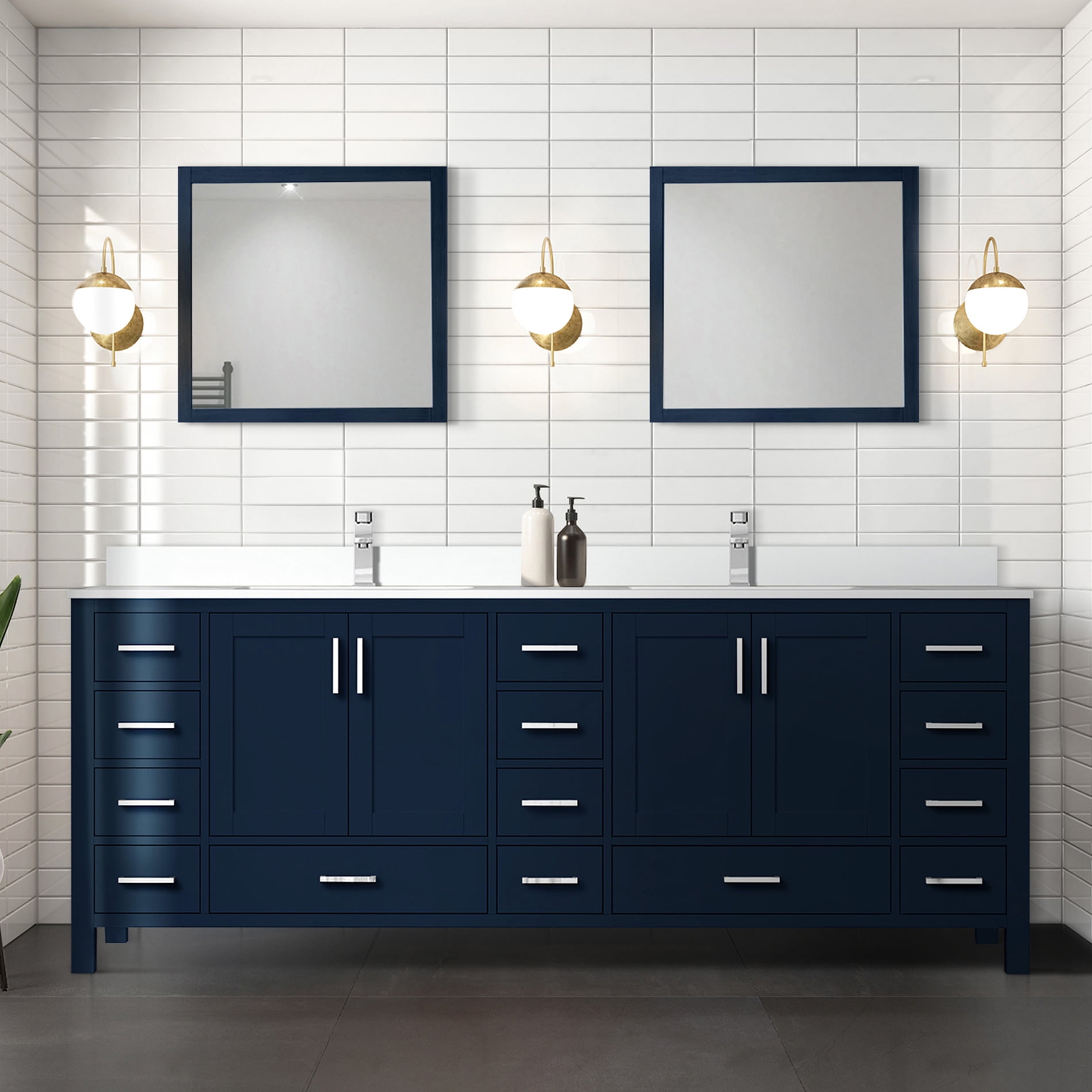 Navy Blue 84in. Double Bath Vanity - White Quartz Top, 34in. Mirrors ...