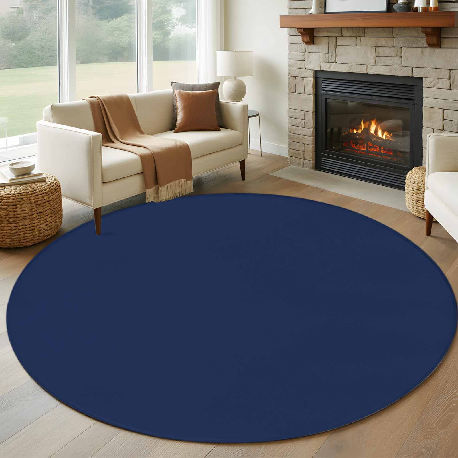 Navy Blue 8ft Round Rug, Farmhouse Solid Navy Blue Color Modern Art Non ...
