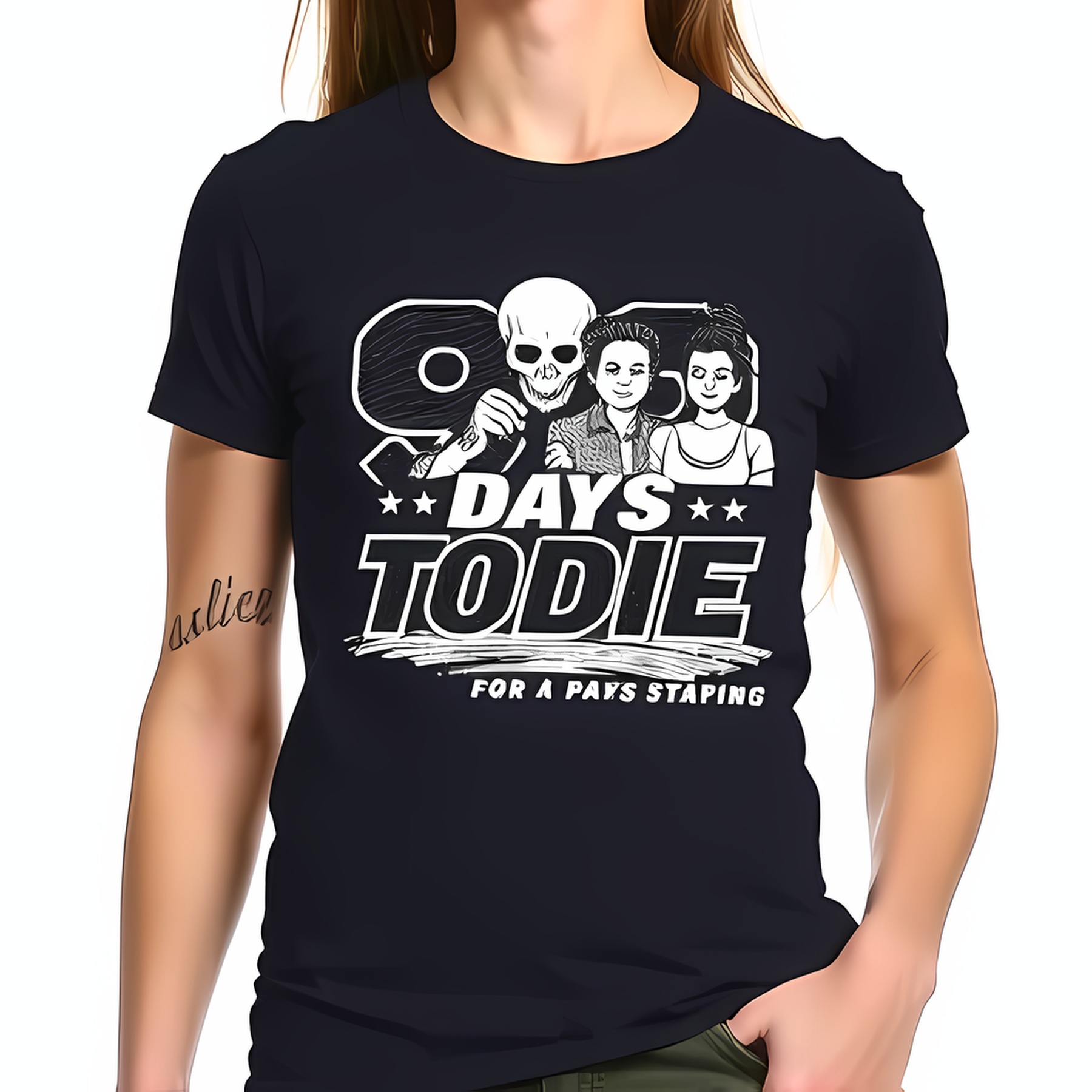 Navy Blue "90 Days To Die" Graphic T-Shirt with Stylized Characters & Unique Design Casual ...