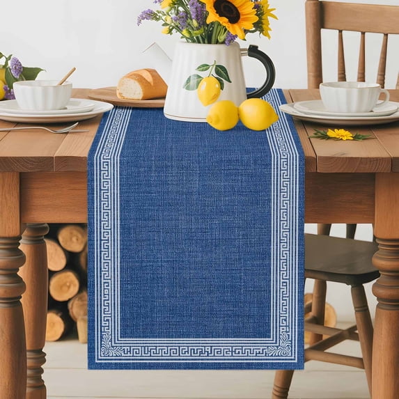 Navy Blue Abstract Art Dining Table Runner, Vintage Linen Greek Key ...