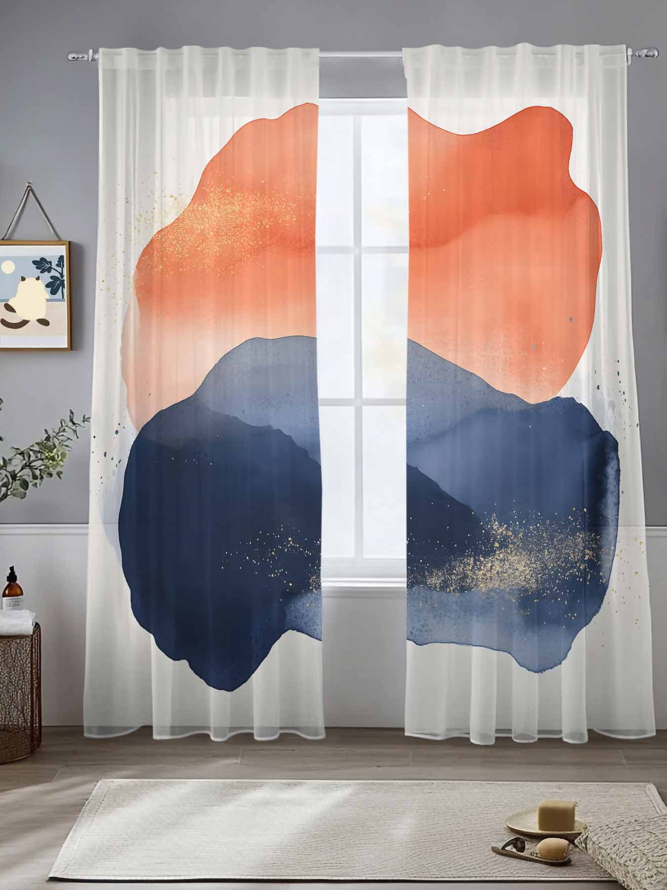 Navy Blue Abstract Art Sheer Curtains for Living Room Bedroom Modern ...