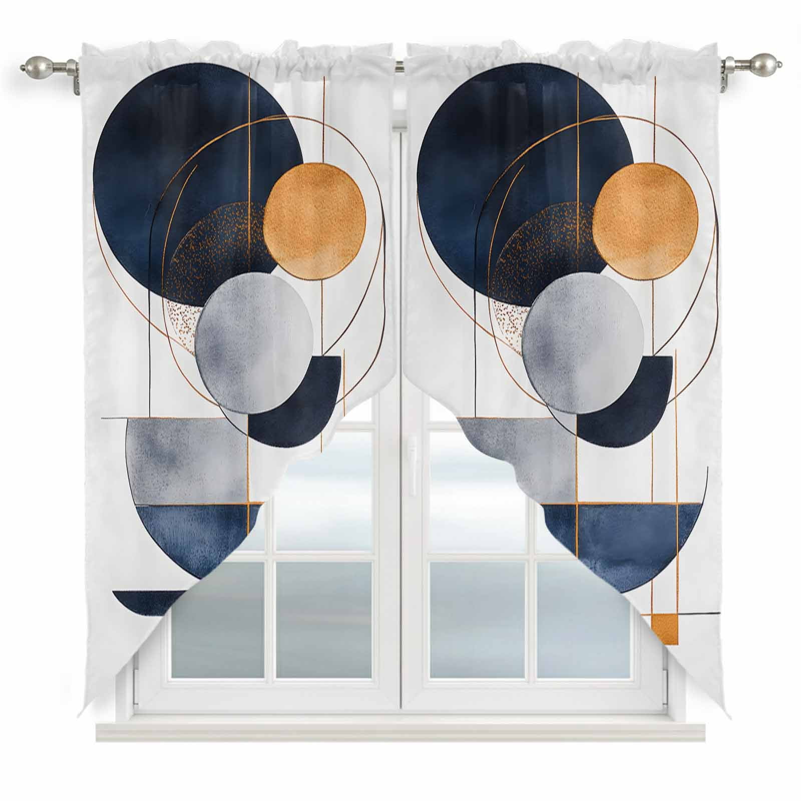 Navy Blue Abstract Art Swag Curtains Contemporary Geometric Luxury Swag ...