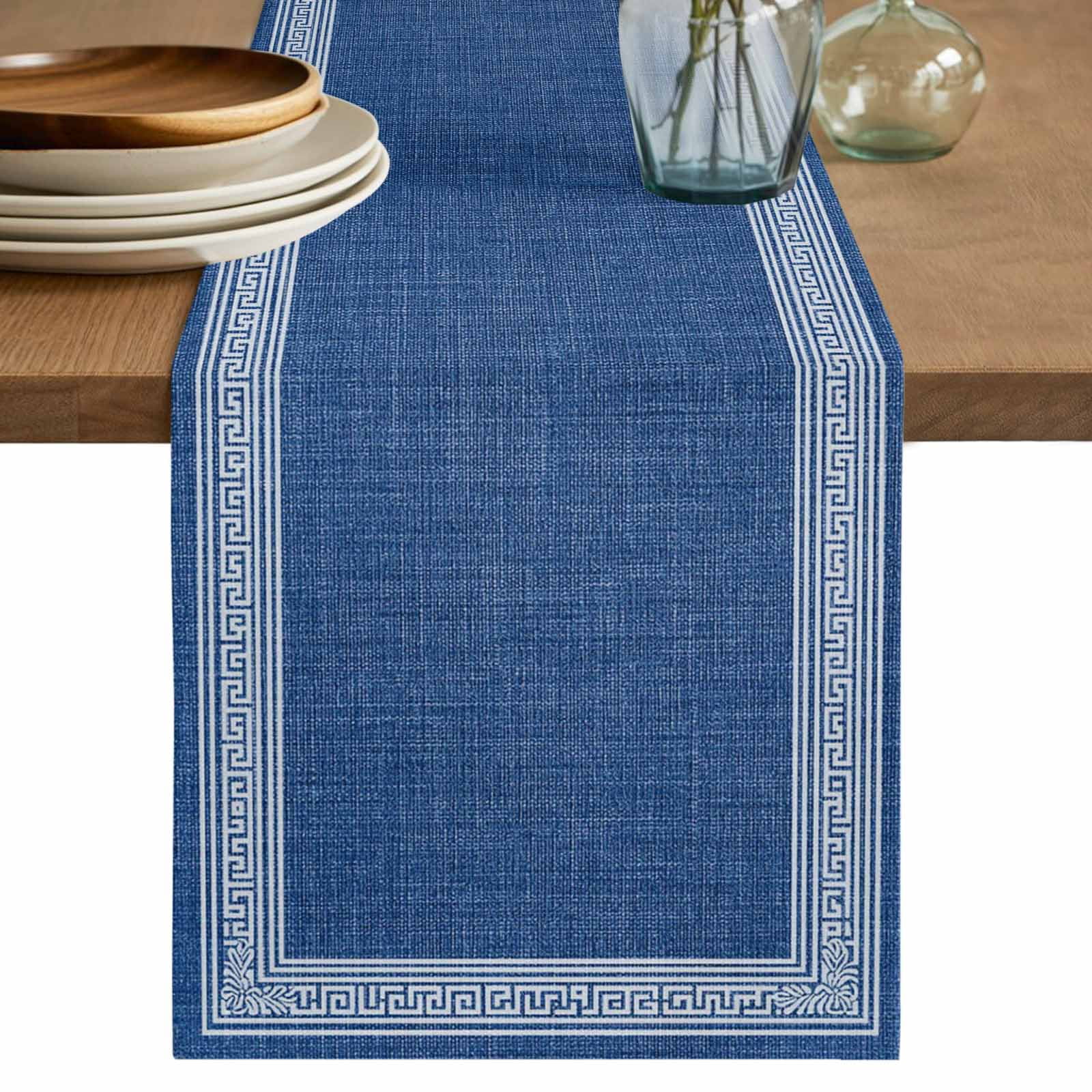 Navy Blue Abstract Art Table Runner, Vintage Linen Greek Key Geometric ...
