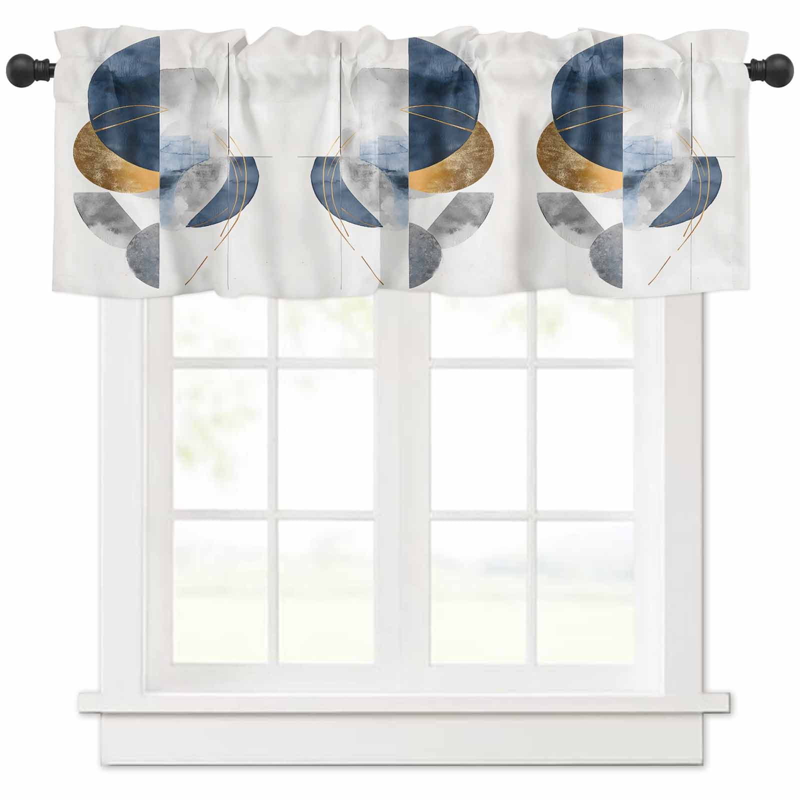 Navy Blue Abstract Art Valances for Windows Farmhouse Kitchen Curtains ...