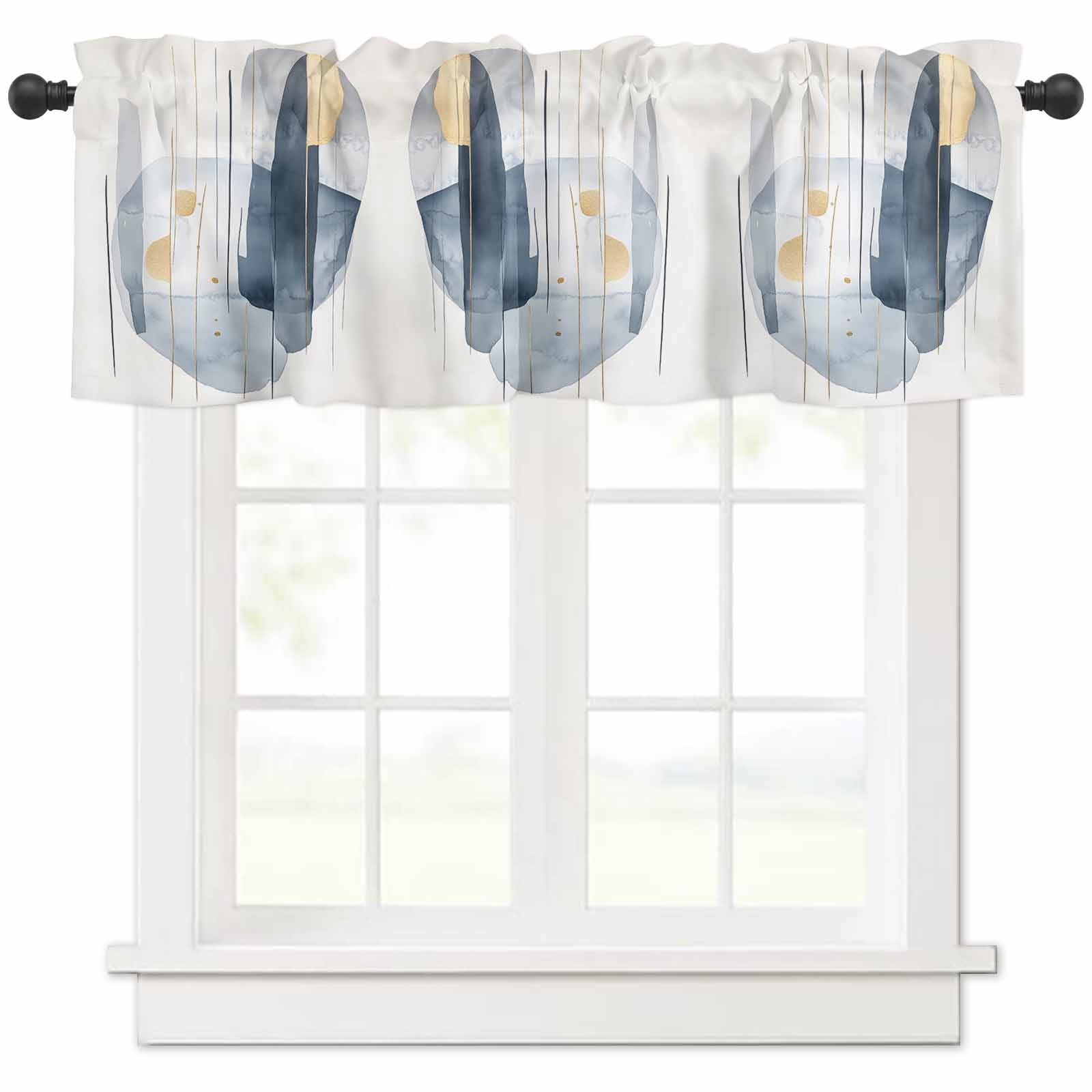 Navy Blue Abstract Art Valances for Windows Farmhouse Kitchen Curtains ...