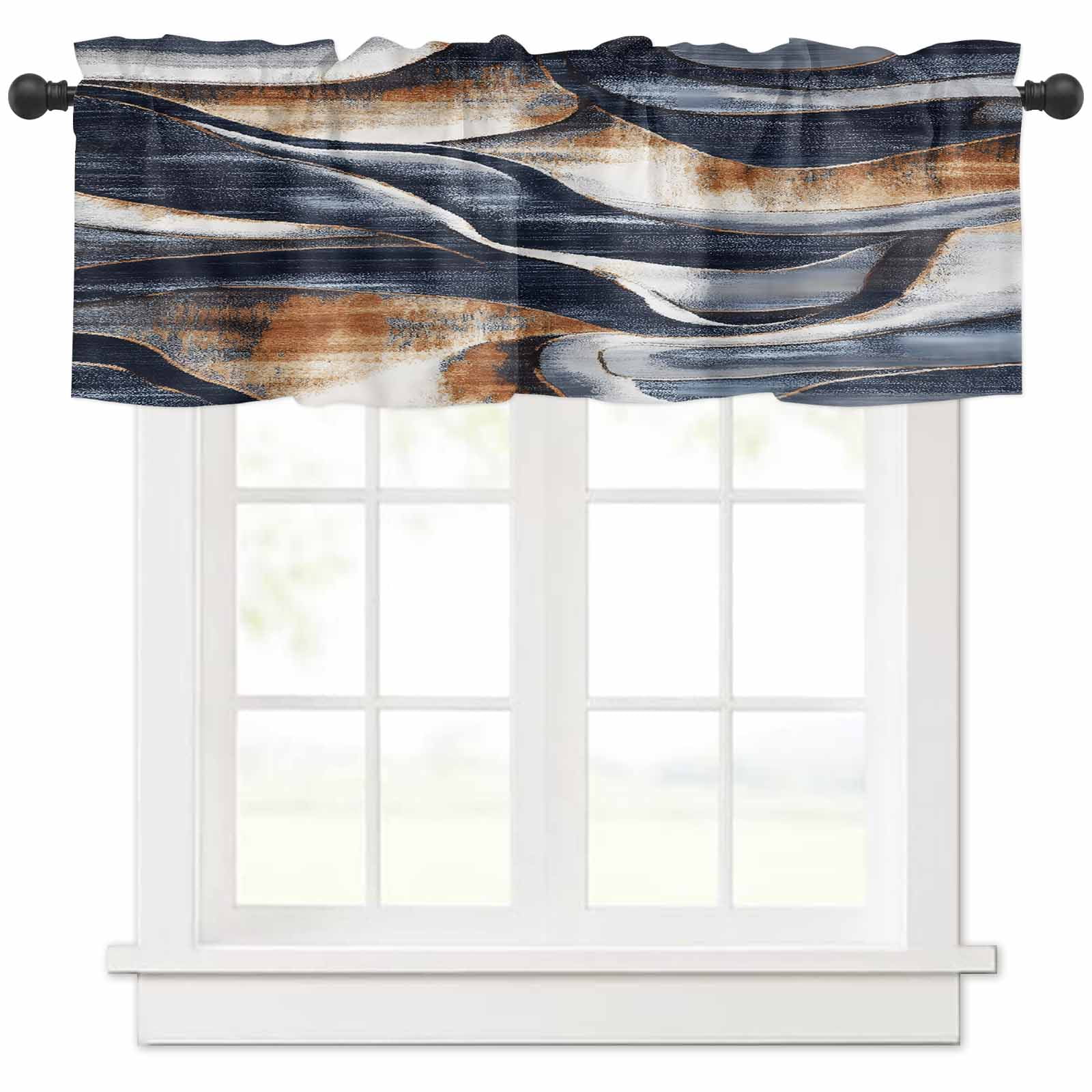Navy Blue Abstract Art Valances for Windows Farmhouse Kitchen Curtains ...