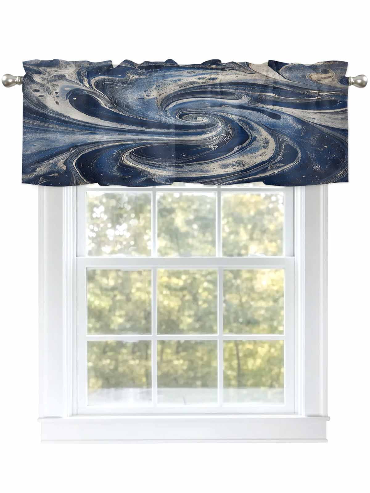 Navy Blue Abstract Curtain Valances for Windows, White Moire Abstract ...