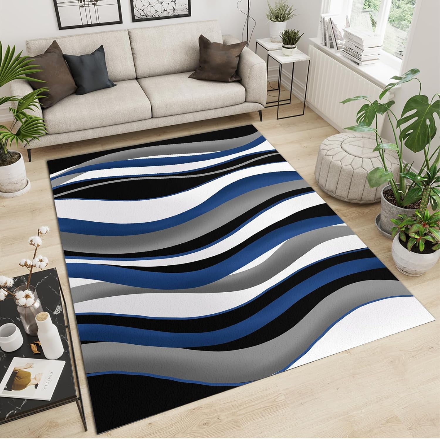 Navy Blue Abstract Wavy Texture Area Rug, White and Blue Gradient ...