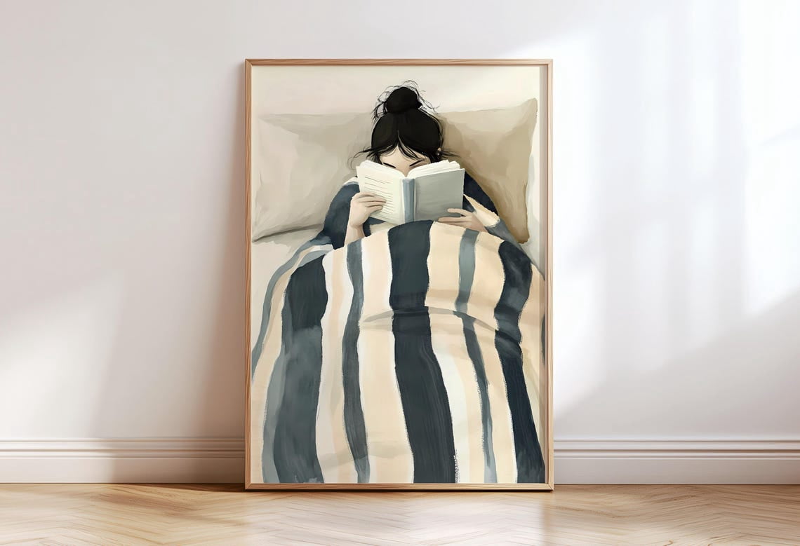 Navy Blue Abstract Woman Art, Reading Woman Modern Print, Stripe Blue ...