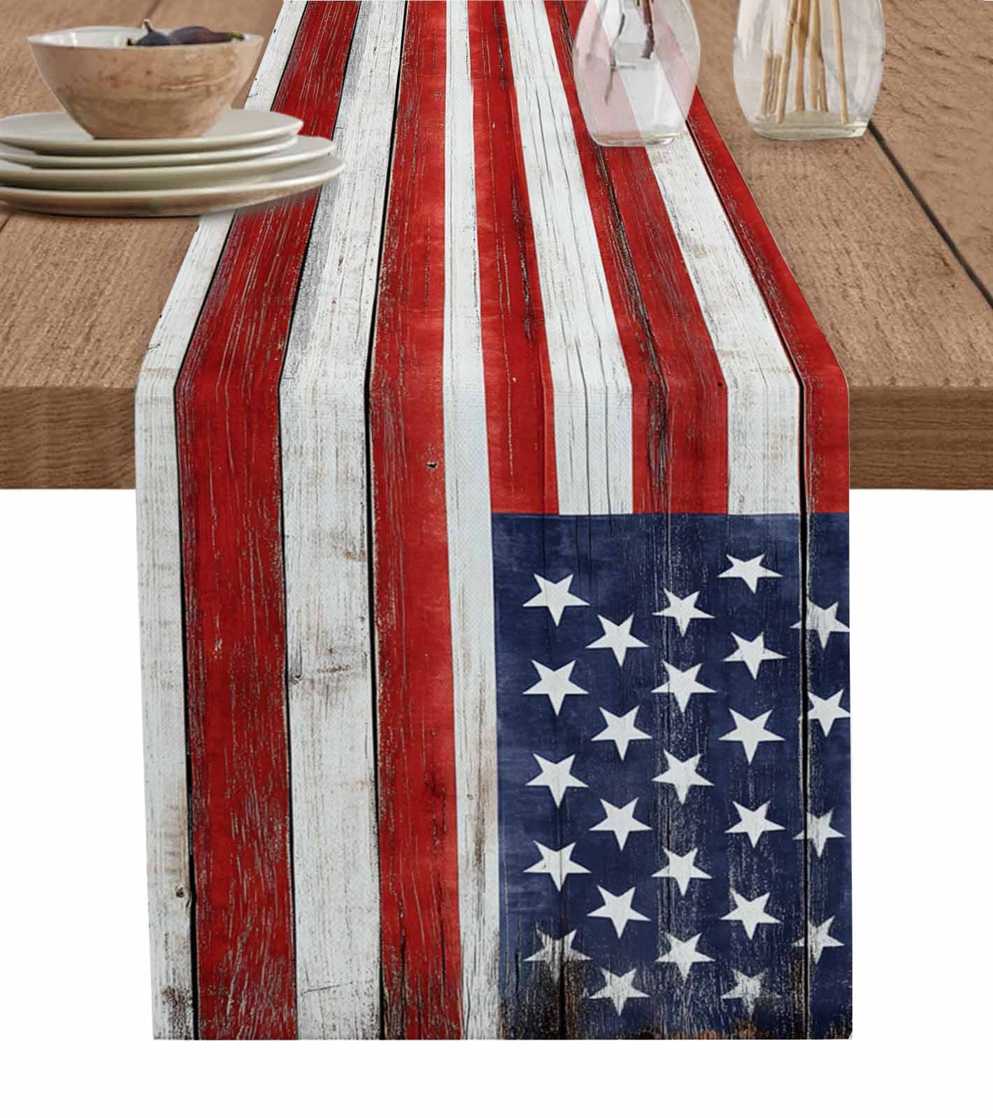 Navy Blue American Flag Table Runner 60 Inches, Red US Flag Wooden ...