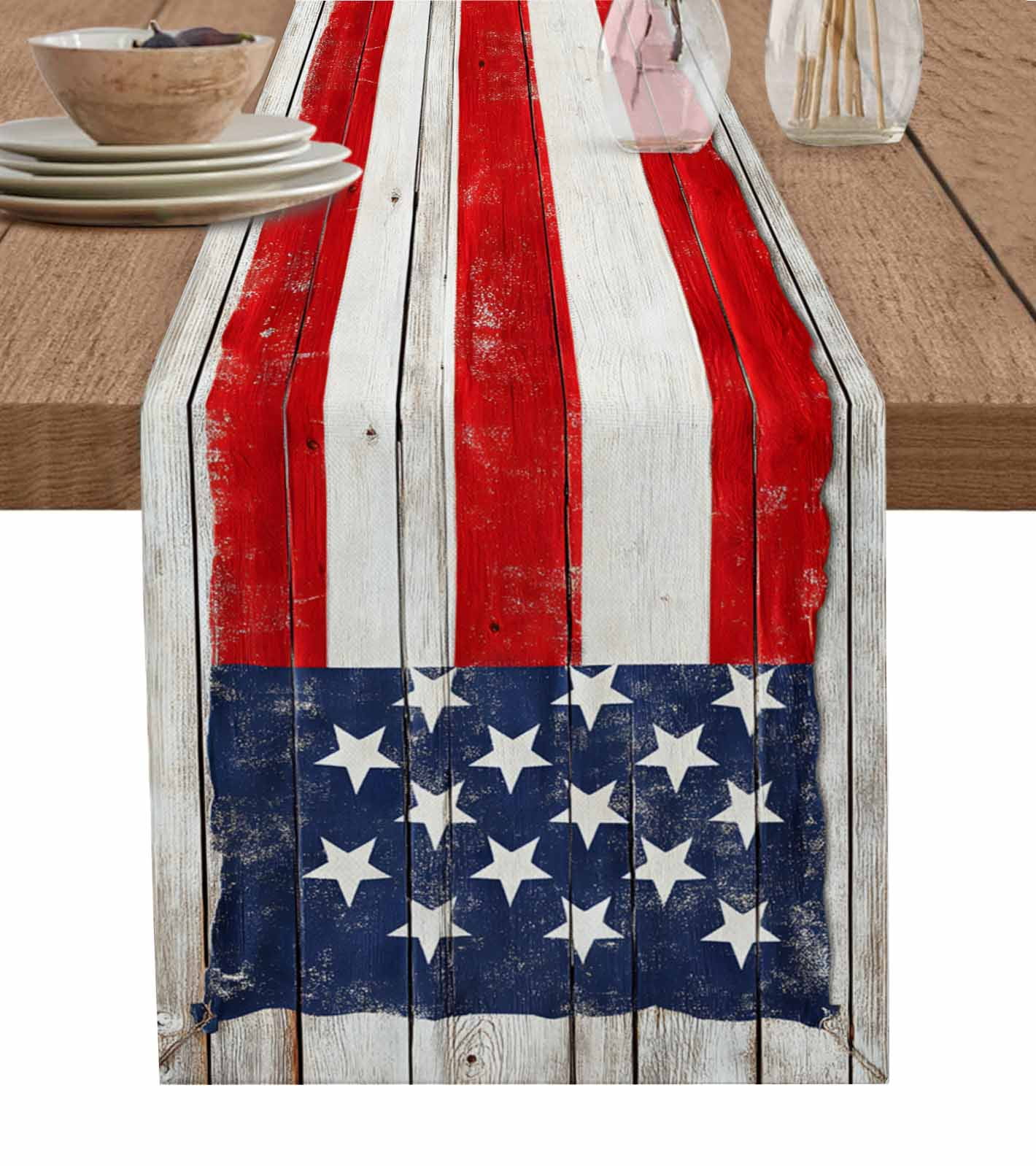 Navy Blue American Flag Table Runner Cotton Linen 108 Inch Holiday ...