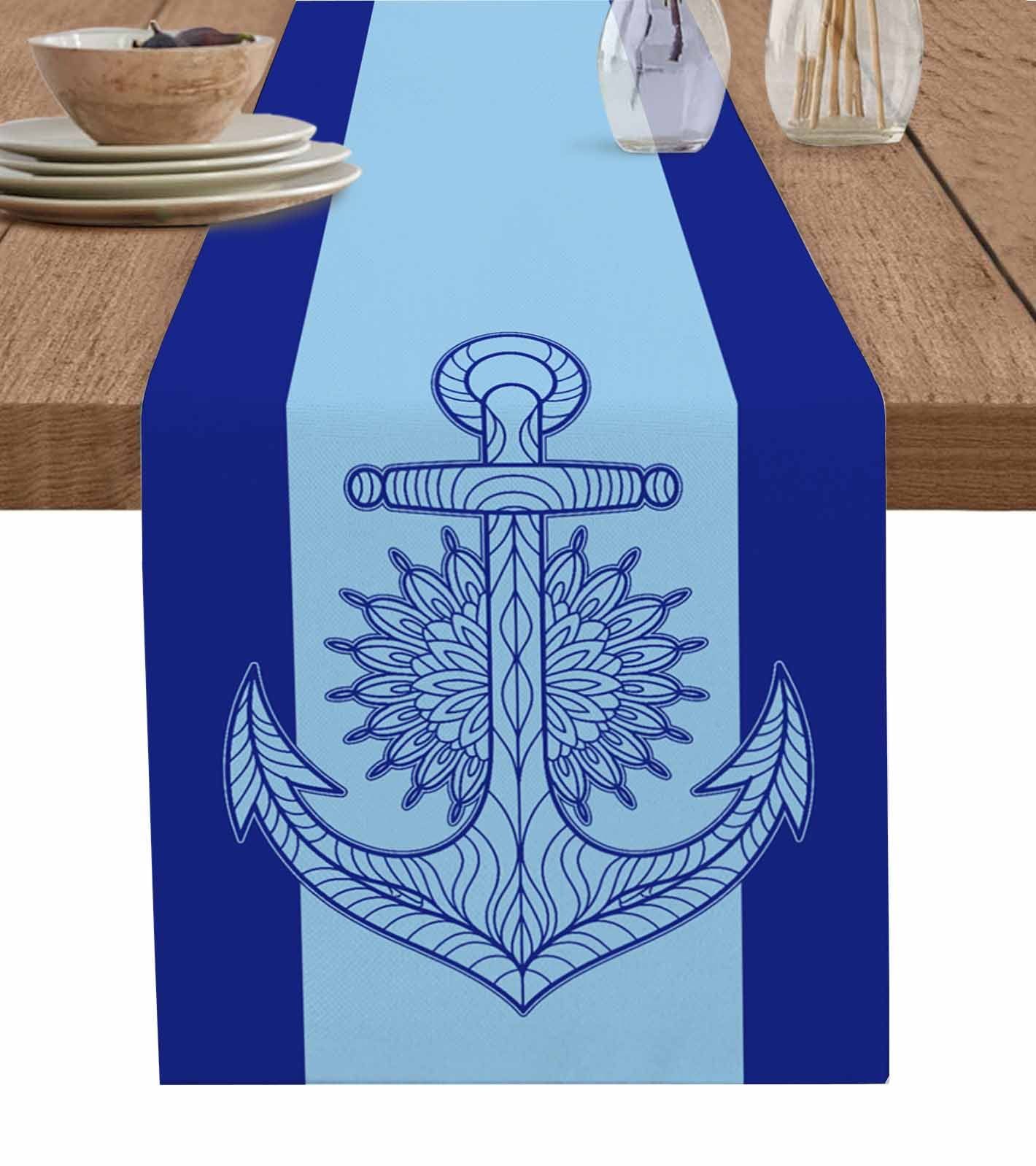Navy Blue Anchor Burlap Cotton Table Runner 16x72 Inches Long, Nautical ...