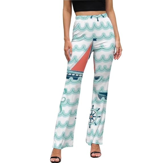 Navy Blue Anchor High Waisted Casual Flared Trousers Summer Home Pants ...