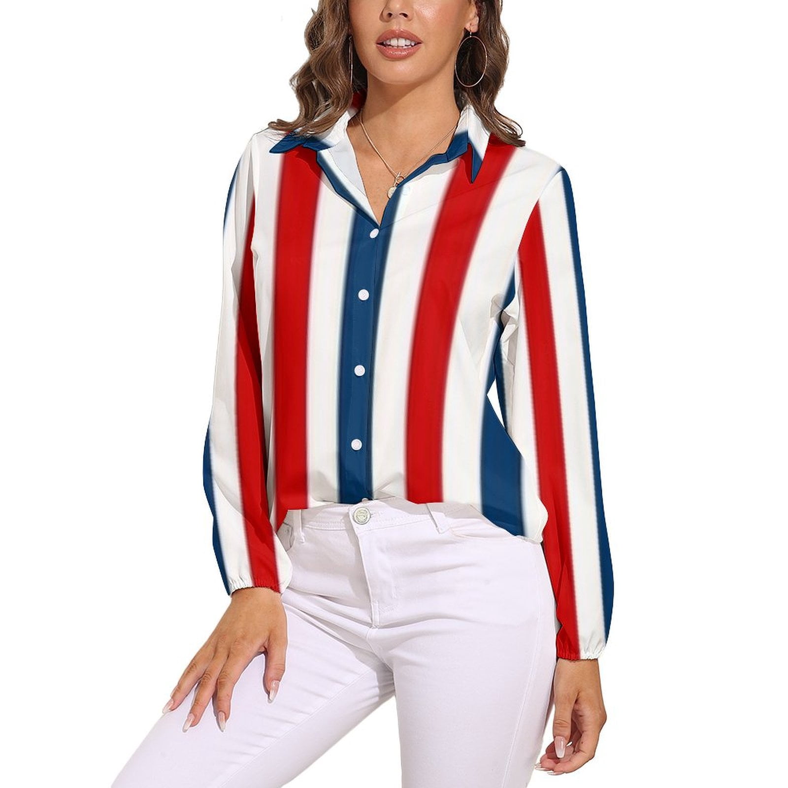 Navy Blue Anchor Long Sleeve Blouse Woman Streetwear Casual Shirts ...